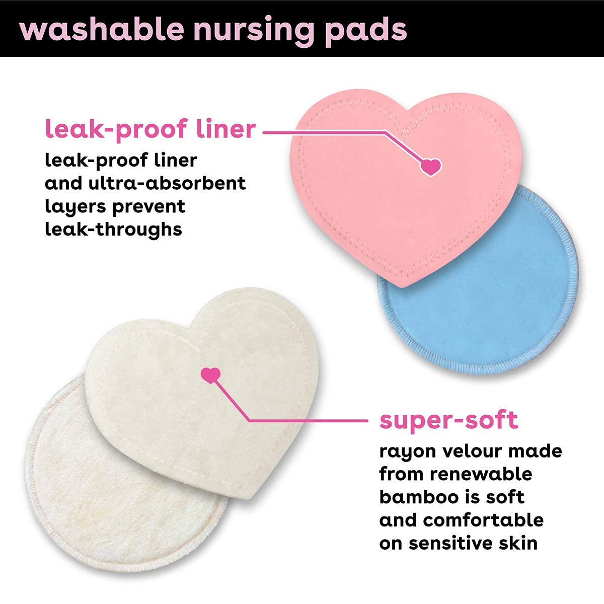 Bamboobies Ultra-Soft Velour Nursing Pads β Reusable, Washable & Leak-Proof β 2 Regular and 2 Overnight Pads for Breastfeeding