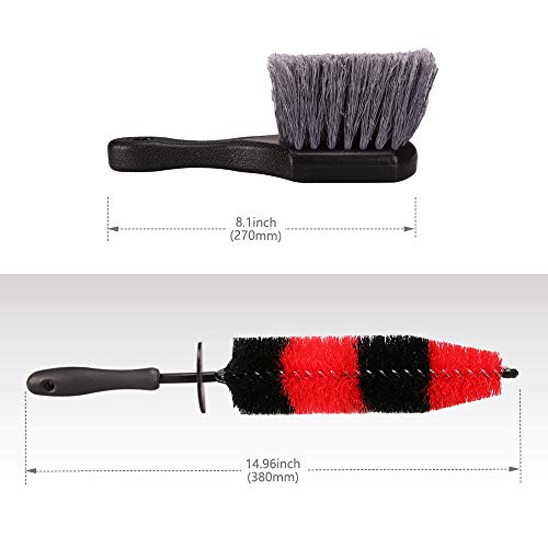 SPTA 9Pcs Wheel & Tire Brush Car Detailing kit, Easy Reach Wheel and Rim Brush, 5pcs Detailing Brushes, Short Handle Cleaning Brush, 1pc Microfiber Cleaning Cloth, Great to Clean Dirty Tires