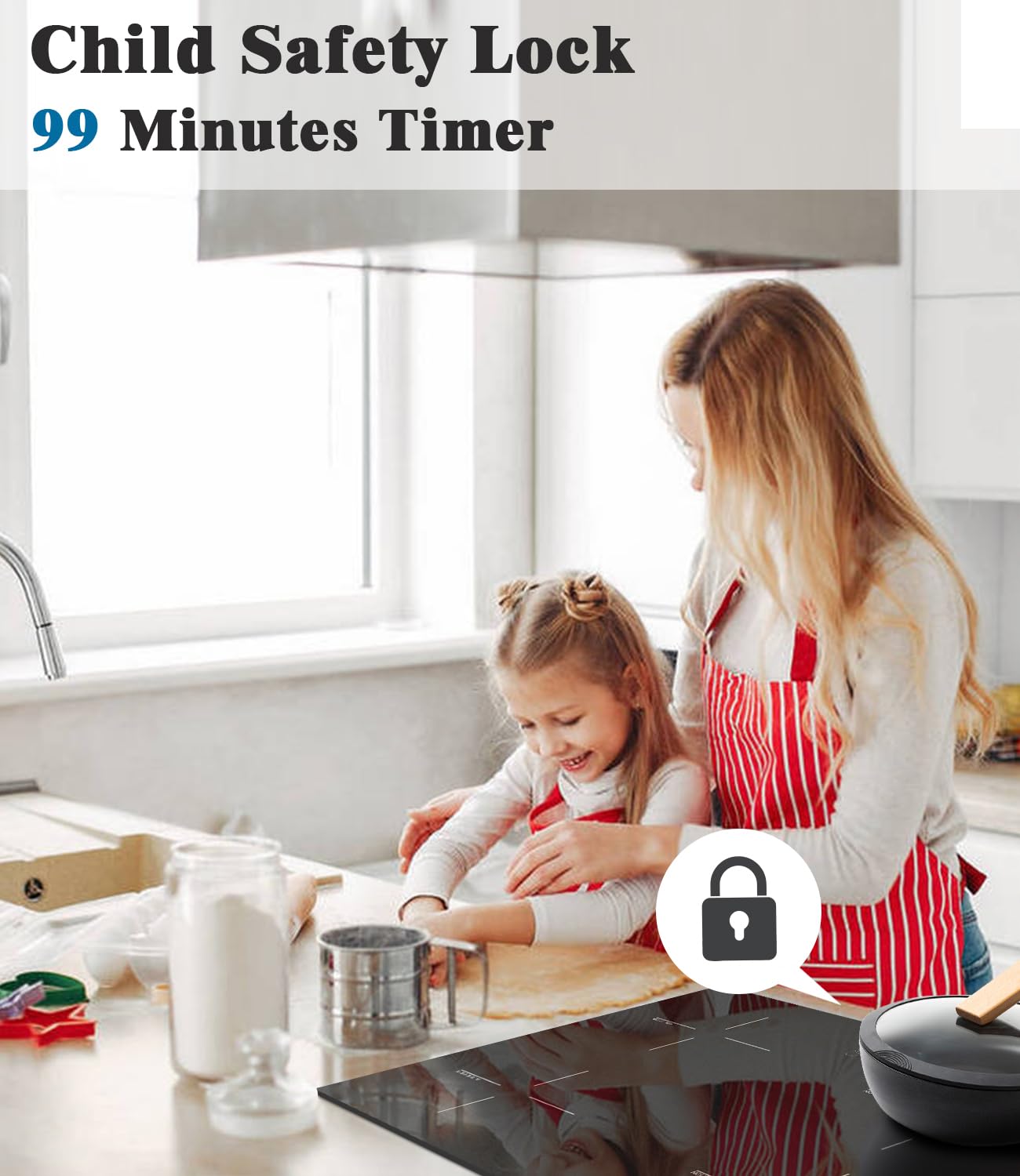 24 Inch Induction Cooktop 4 Burner, Drop-in 6400W Electric Induction Burner with Timer and Child Lock, Pause Function, Vitro Ceramic Glass, 220-240V, Hard Wired, No Plug