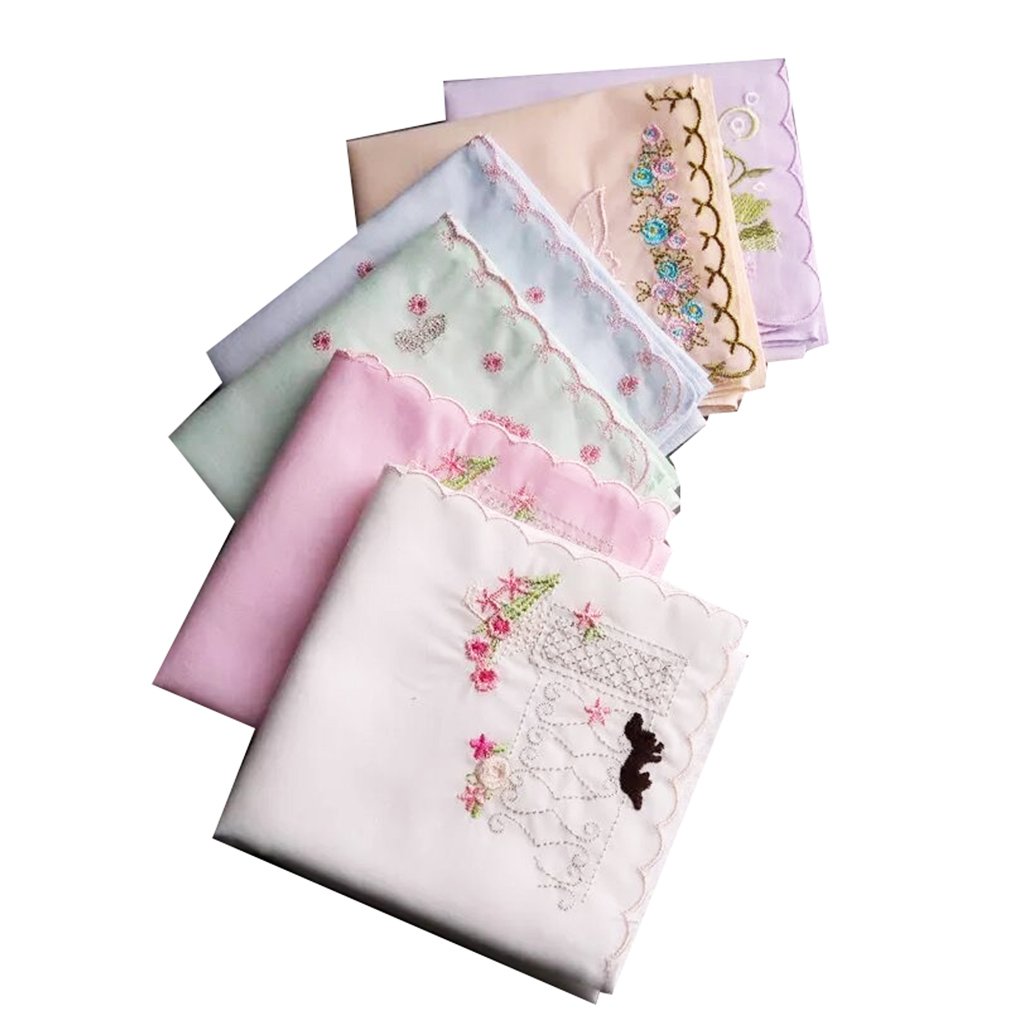 Assorted Ladies Novetly Embroidered Cotton Soft Handkerchiefs Scalloped Hankies 6PCS
