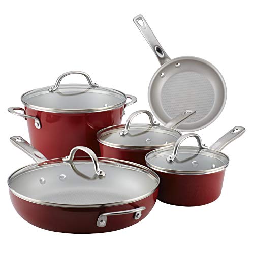 Ayesha Curry Home Collection Nonstick Cookware Pots and Pans Set, 9 Piece, Sienna Red & Ayesha Curry Enamel on Steel Bacon Grease Can/Bacon Grease Container - 4 Inch, Red