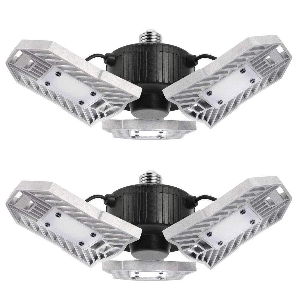 2-Pack LED Garage Lights, 6000Lumens Adjustable Trilights Garage Ceiling Light,60W LED Garage Light, CRI 80, 6000k Day Light, Garage Lights with Adjustable Panels
