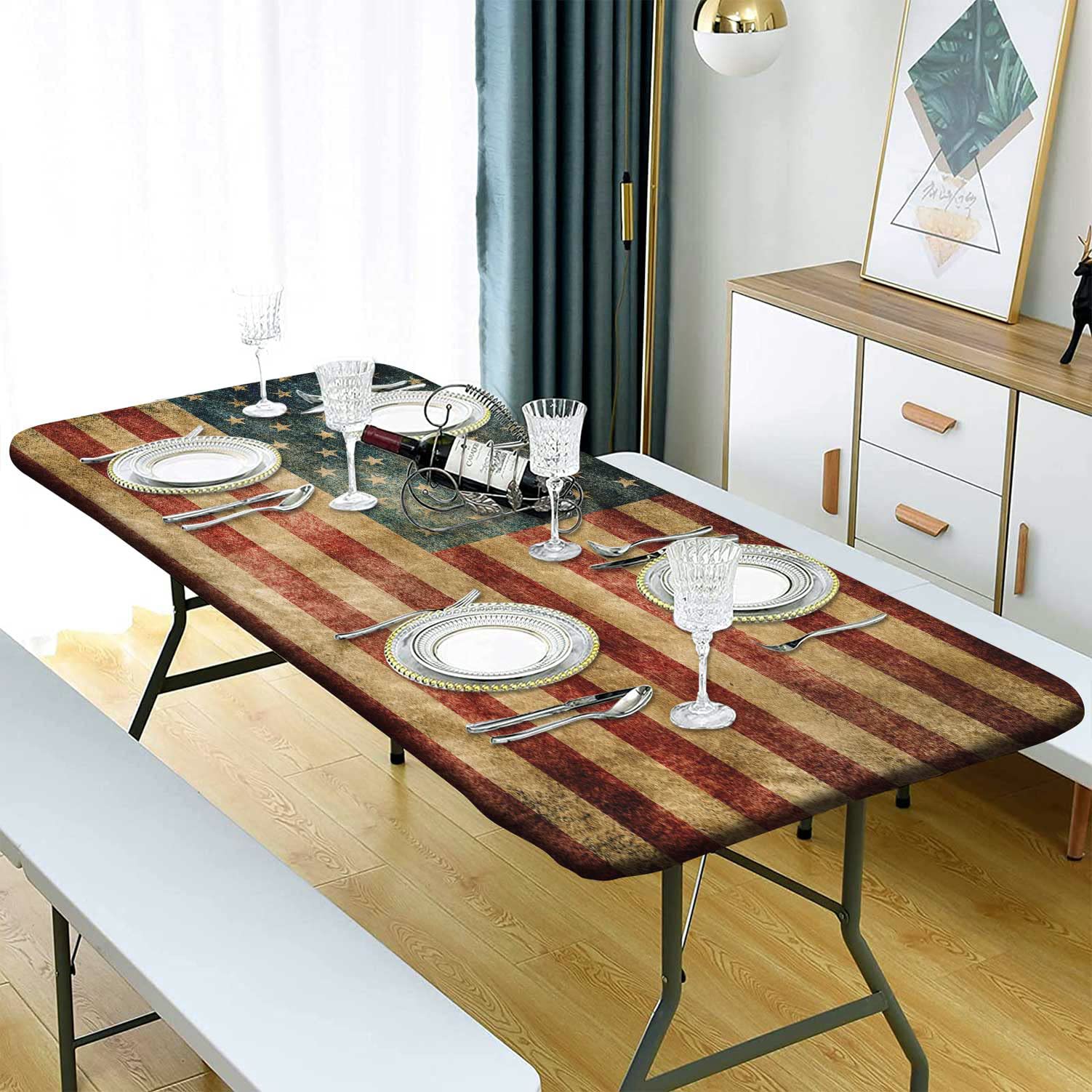 4th of July Rectangle Fitted Tablecloth, American Flag Indenpendence Day Elastic Edged Table Cover, 30x72 Inch, Waterproof Polyester Picnic Table Cloth for Outdoor Indoor Travel Party Patio Use