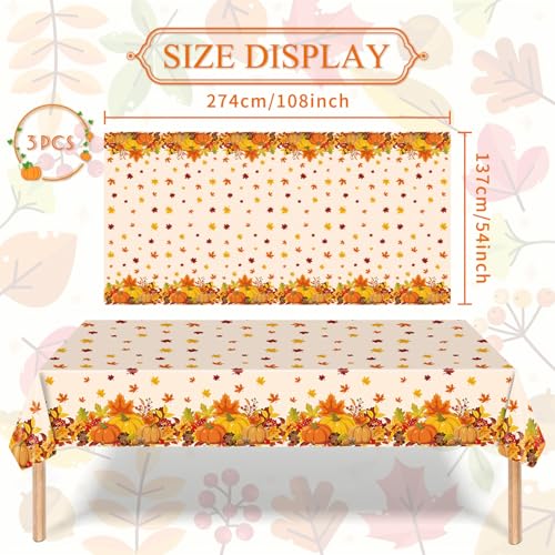 3-Piece 54 x 108 Inch Fall Harvest Plastic Tablecloth - Autumn Maple Leaves Disposable Rectangle Table Cover for Thanksgiving Day Parties, Dinners, and Celebrations, Indoor Outdoor Table Decorations