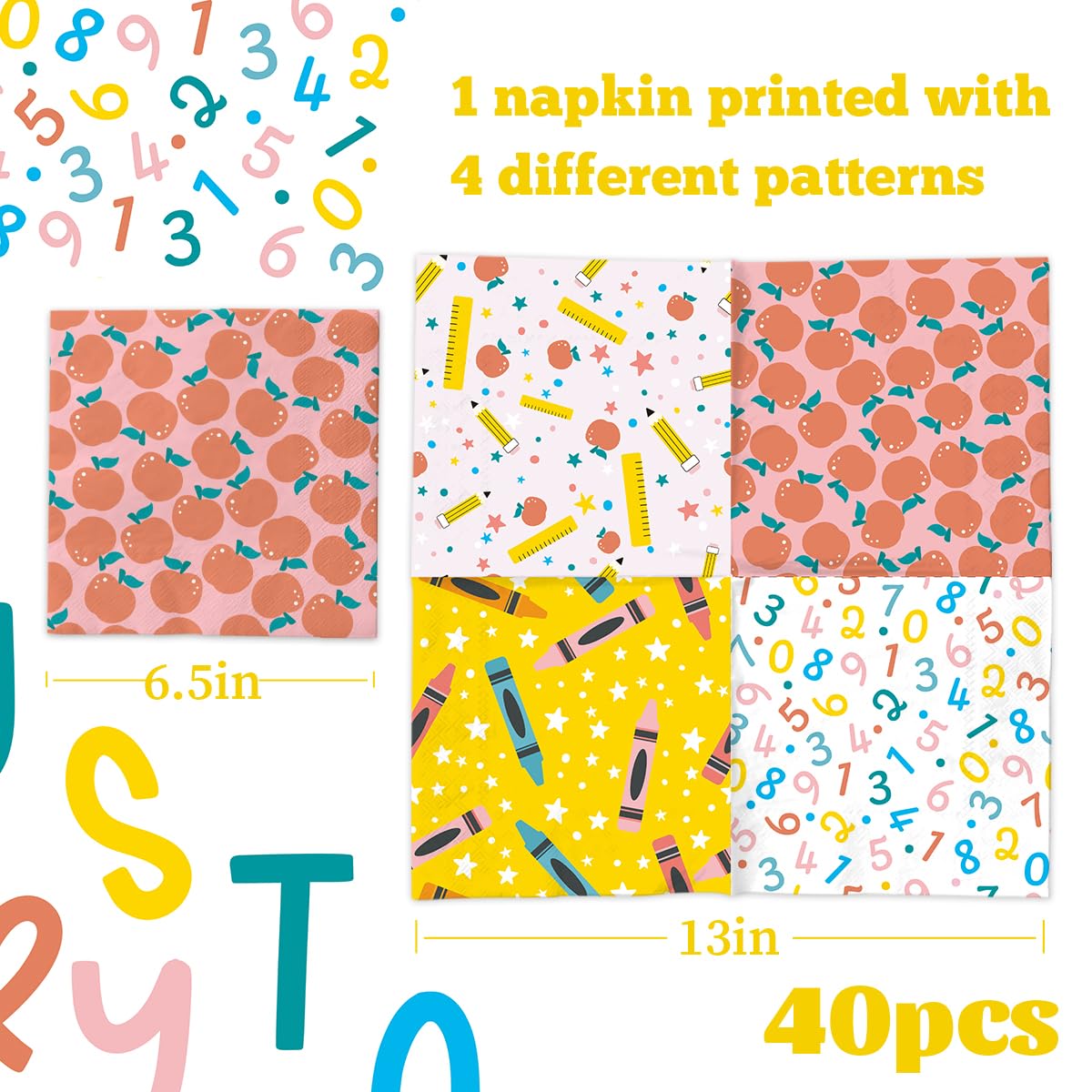 40Pcs Back to School Napkins-School Theme Ruler Apple Alphabet Paper Napkins First and Last Day of School Preschool Kindergarten Graduation Decoration