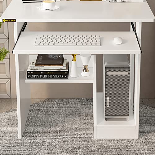 ALISENED Home Office Computer Desk with Monitor Stand Keyboard Tray, 29.5 Inch Study Writing Desk Small PC Laptop Table with Storage Shelves, Modern Workstation for Small Spaces Save Space