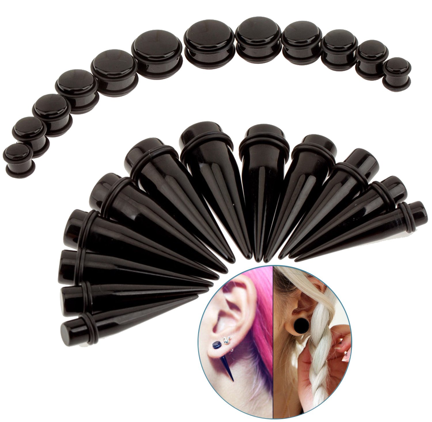 24 Ear Gauges Stretching Kit with Taper Black Gauges and Tapers and Plugs O Rings Stretchers and Expanders Set With Different Sizes Used For Ears and Earlobes Stretching