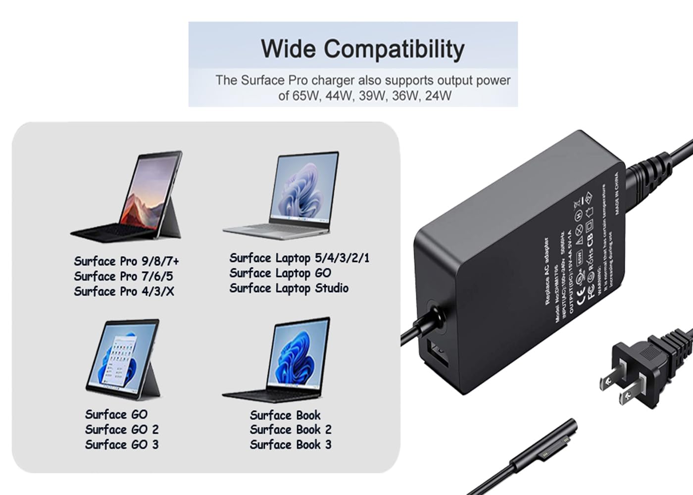 Surface Laptop Pro Charger 65W 44W 36W 24W Compatible with Microsoft Surface Pro 3/4/5/6/7/8/9/X Laptop 1/2/3/4 Go 1/2/3 Book 1/2/3 Power Supply Adapter