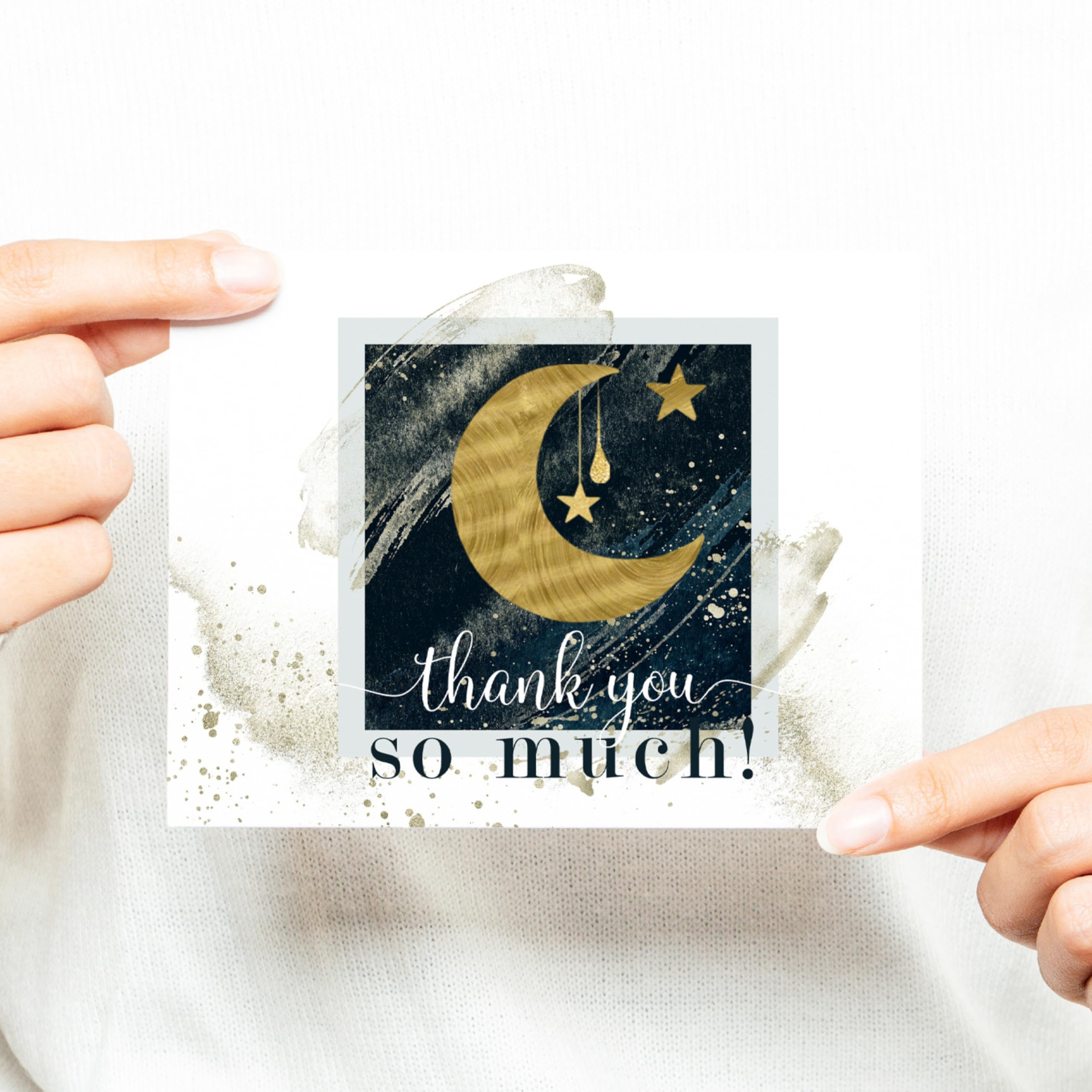 Paper Clever Party Star and Moon Thank You Cards with Envelopes - 25 Pack - Cosmic Design for All Occasions: Showers, Weddings, Graduations & Everyday Essentials - Folded Navy and Gold Set