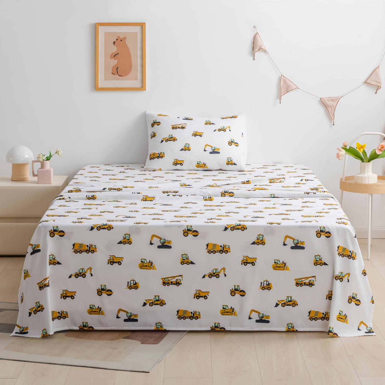3-Piece Twin Size Kids Bed Sheet Set by Coukouchyi, Soft & Breathable Kids Fitted Sheet, Construction Kids Twin Bed Flat Sheet for Boys Deep Pocket (Twin)