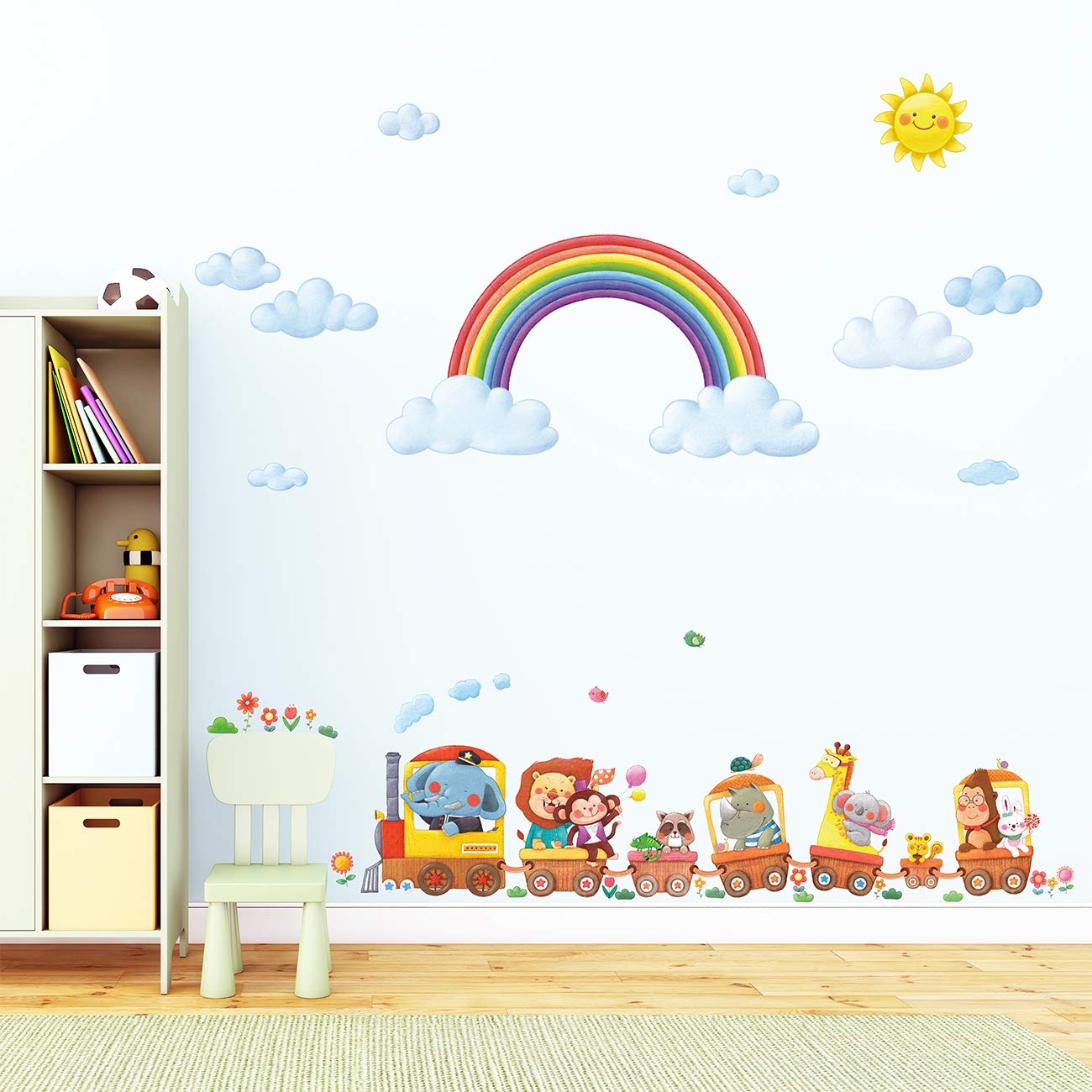 DECOWALL DA-1913P1406A Rainbow and Animal Train Kids Wall Stickers Wall Decals Peel and Stick Removable Wall Stickers for Kids Nursery Bedroom Living Room d?cor