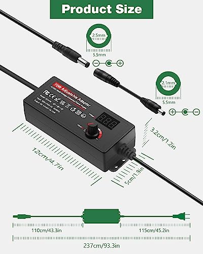 JOVNO Universal Power Supply 3V-24V 3A 72W Adjustable AC/DC Adapter 100~240V AC to DC 5V 9V 12V 15V 19V 20V with LED Display 14 Plugs 1 Reverse Polarity Converter Cable for LED Strips Motors Speaks