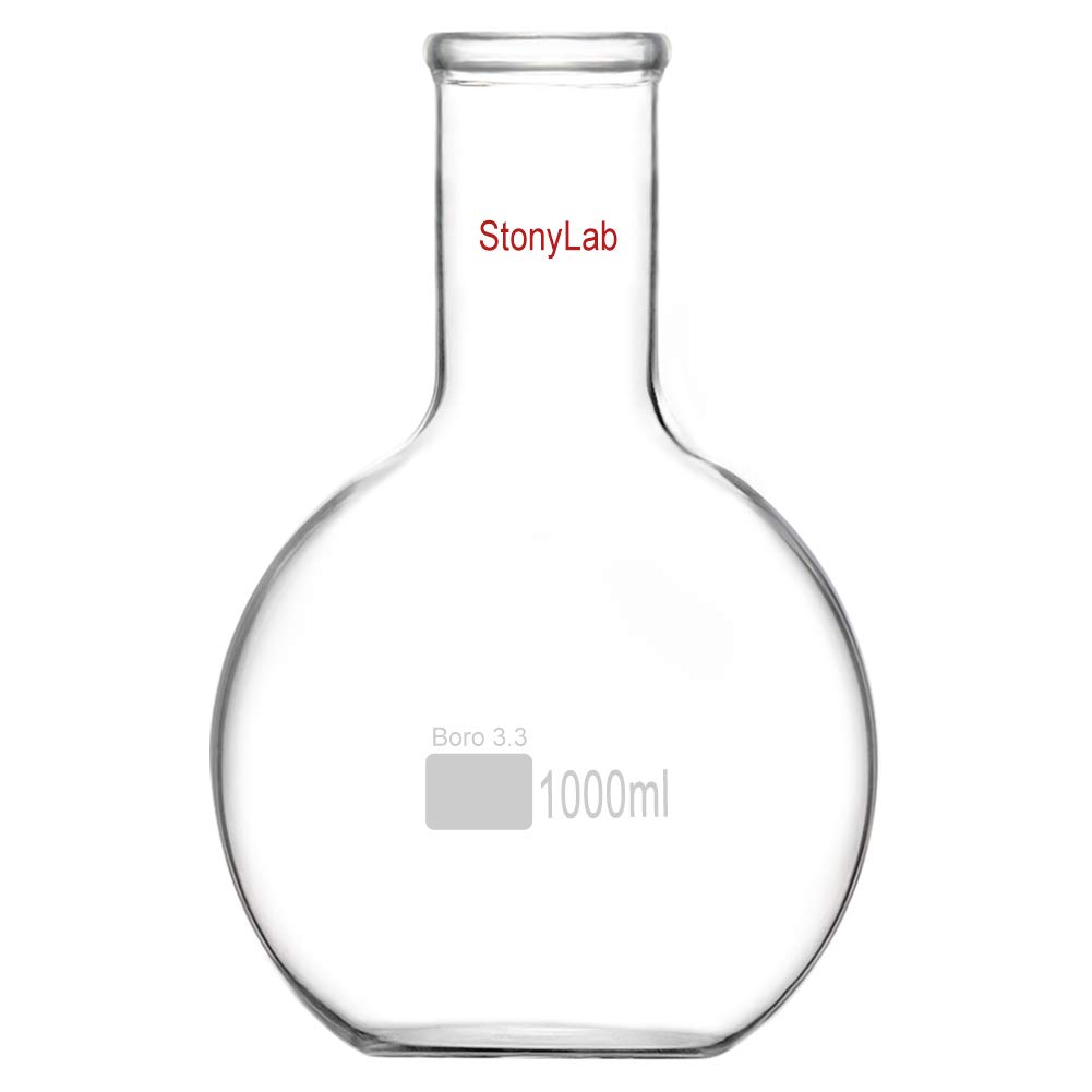 StonyLab Glass 1000ml Long Neck Flat Bottom Flask, Borosilicate Glass Heavy Wall Flat Bottom Boiling Flask with Long Neck, 1000ml (1 Liter)