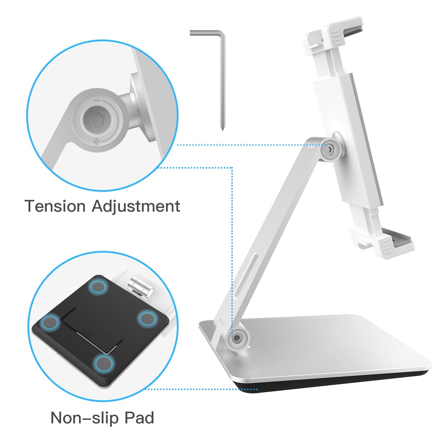 Tablet Stand, Adjustable Heavy Duty Aluminum Phone Stand, 360° Swivel Foldable Holder for iPad, Samsung Tab, Kindle (4.7-13"), Design for Desk Kitchen Bedside Office (Silver)