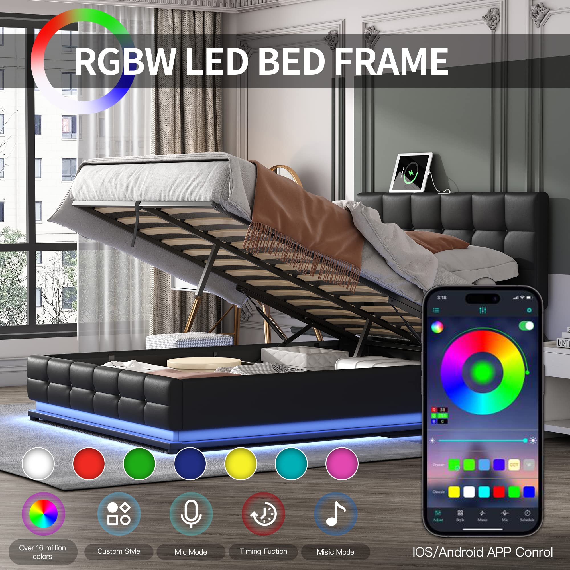 3-Pieces Queen Size Bedroom Sets,PU Upholstered Queen Platform Bed Frame with 2 Nightstands and USB Charging Station,Lift Up Storage Bed Queen,Bedroom Furniture Sets, Easy Assemble,Black