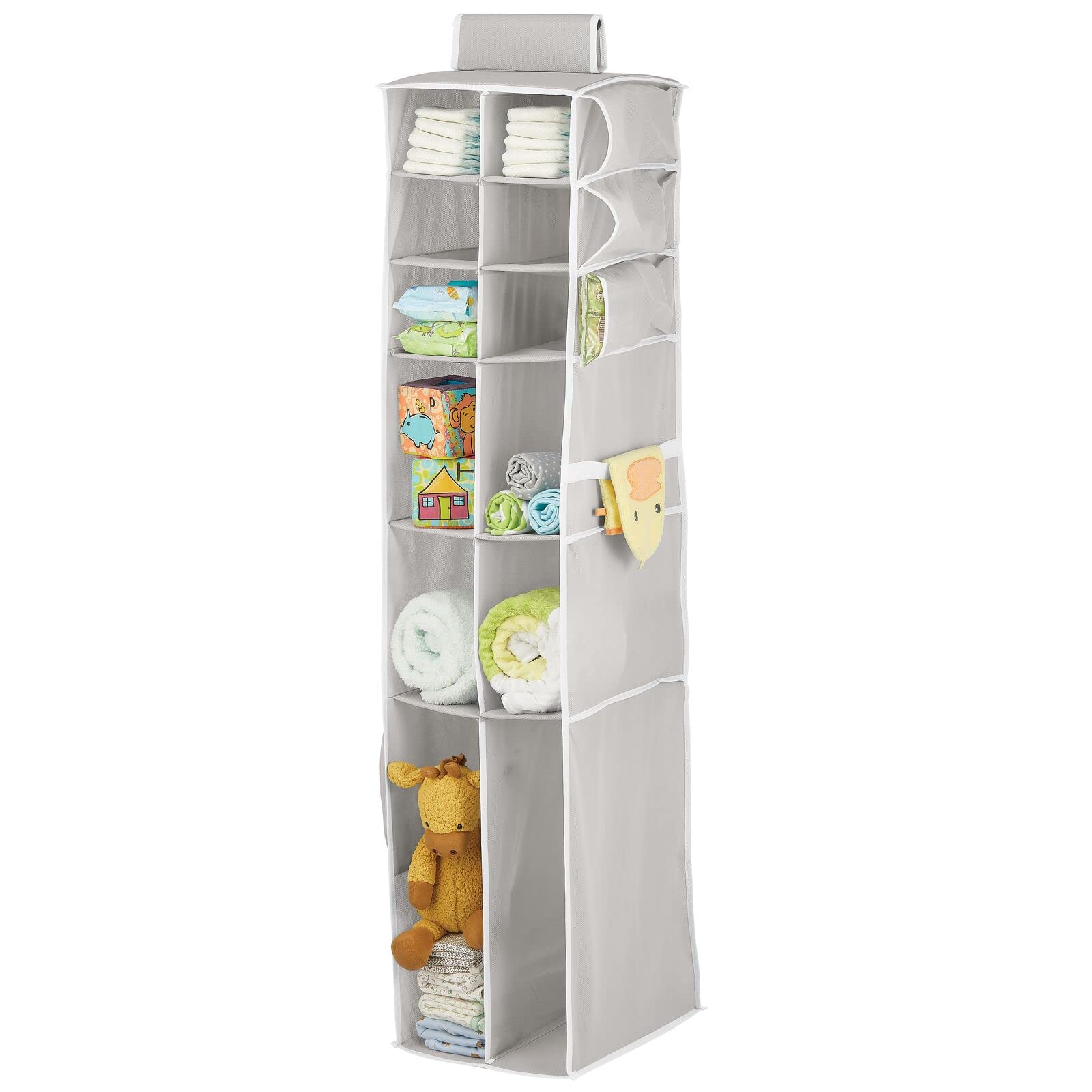 mDesign Long Fabric Hanging Organizer, Over Closet Rod Storage, 12 Shelves/Side Pockets for Nursery Bedroom Organization - Hold Clothes, Linens, Toys, Accessories - Jane Collection - Light Gray/White