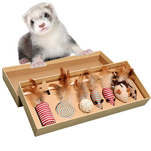 7 Pack Ferret Toys - Interactive Ferret Toys Assortments Feather Teaser Wand with Sisal Mice Balls and Bells Toys for Ferret Cat Kitten Puppy (7 Pack)