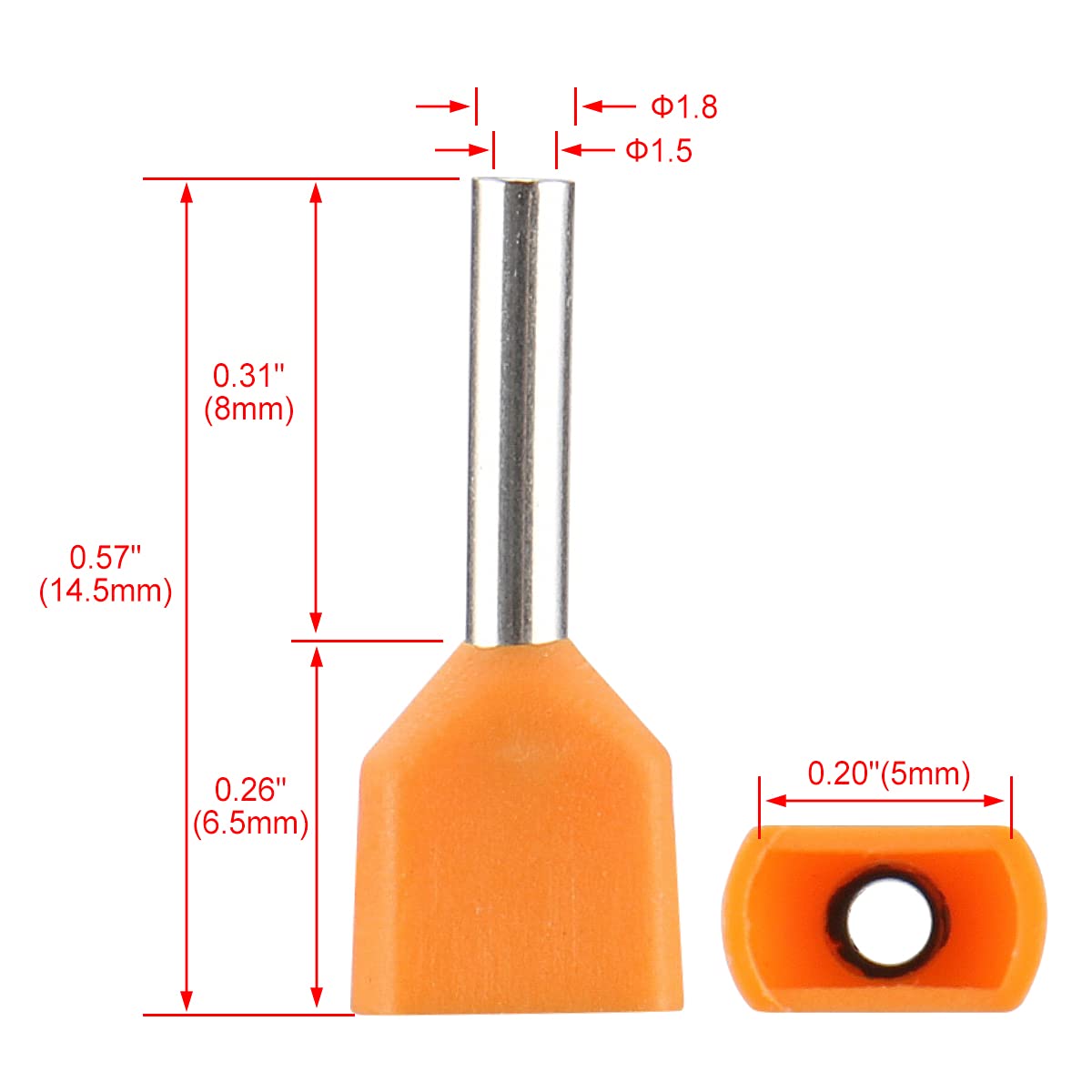 Baomain AWG 22/0.5mm² Wire Copper Crimp Connector Twin Insulated Ferrule Pin Cord End Terminal TE0508 Orange Pack of 200