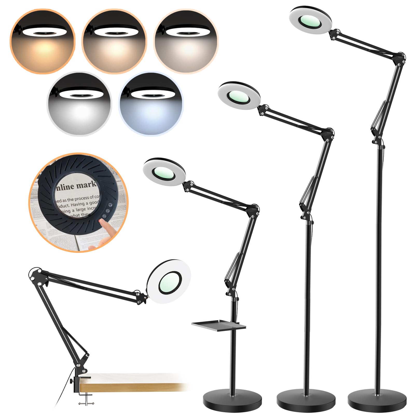 2300 Lumens Magnifying Glass with Light and Stand, 5X Esthetician Light Lamp with Overweight Base, 5 Color Modes, 3-in-1 Dimmable Magnifying Floor Lamp for Reading, Eyelash Extensions, Close Work