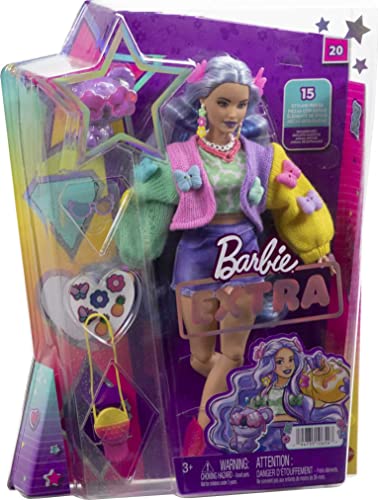 Barbie Extra Doll & Accessories with Wavy Lavender Hair in Colorful Butterfly Sweater & Pink Boots with Pet Koala