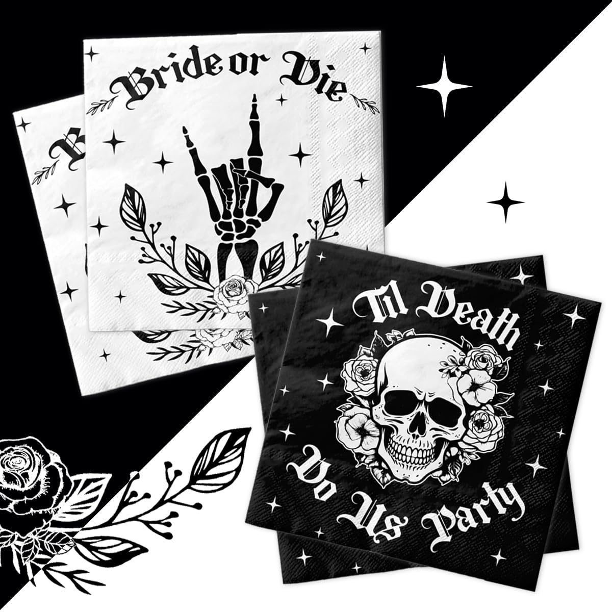 40Pcs Till Death Do Us Party Napkins-Bride or Die Bachelorette Party Supplies Skull Gothic Disposable Napkins for Halloween Bridal Shower Engagement Wedding Decorations