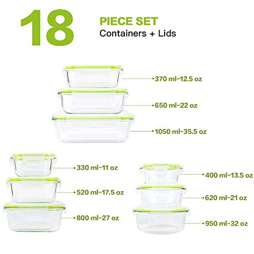 ETERNA GLASSWELL 18 Piece Glass Food Storage Containers with Locking Lids - Airtight & Leak Proof, BPA Free - Dishwasher, Oven, Freezer, Microwave Safe Glass Meal Prep Container