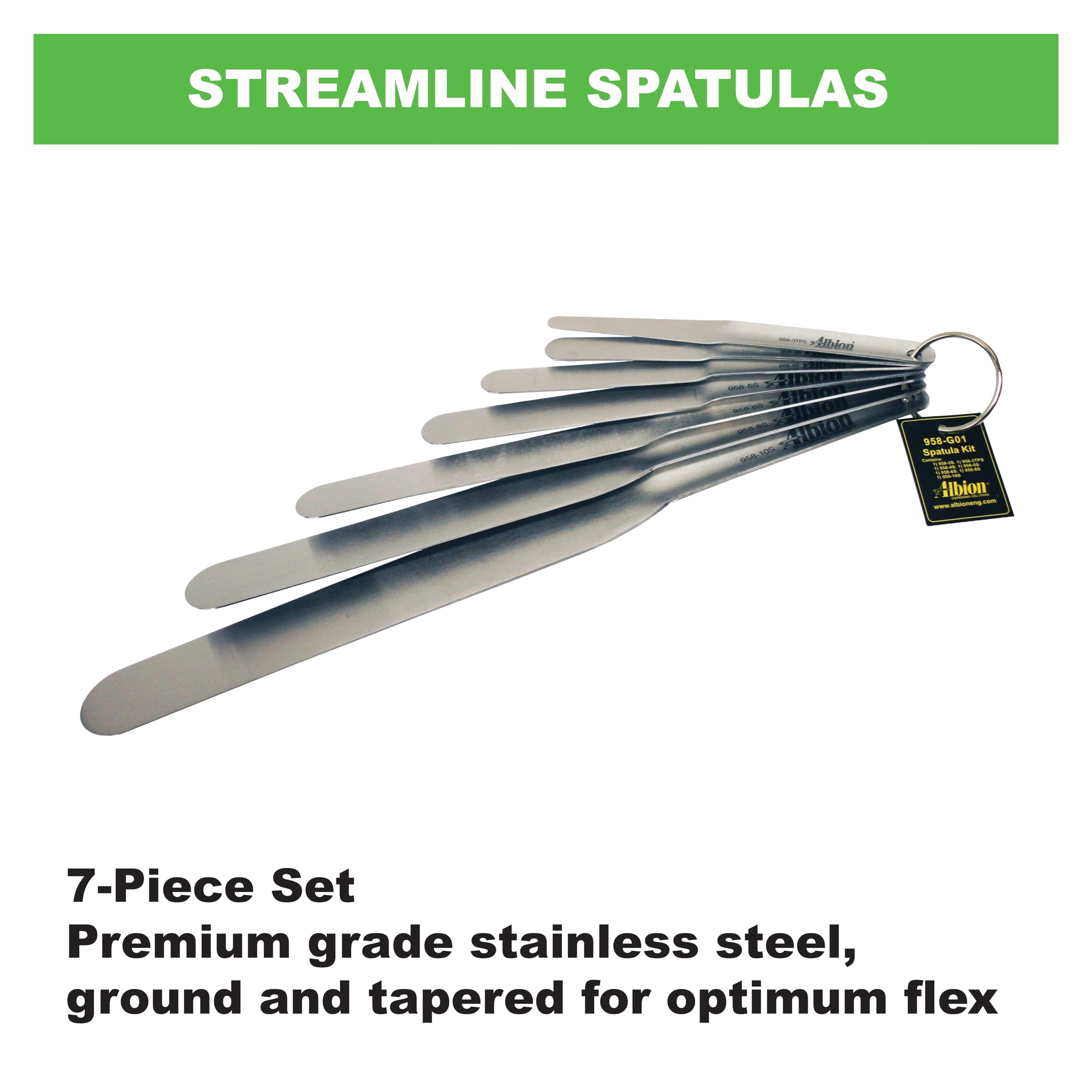 Albion Engineering 958-G01 Streamline Caulk Spatula 7-Piece Set, Оnе Расk, Stainless Steel (Pack of 7)