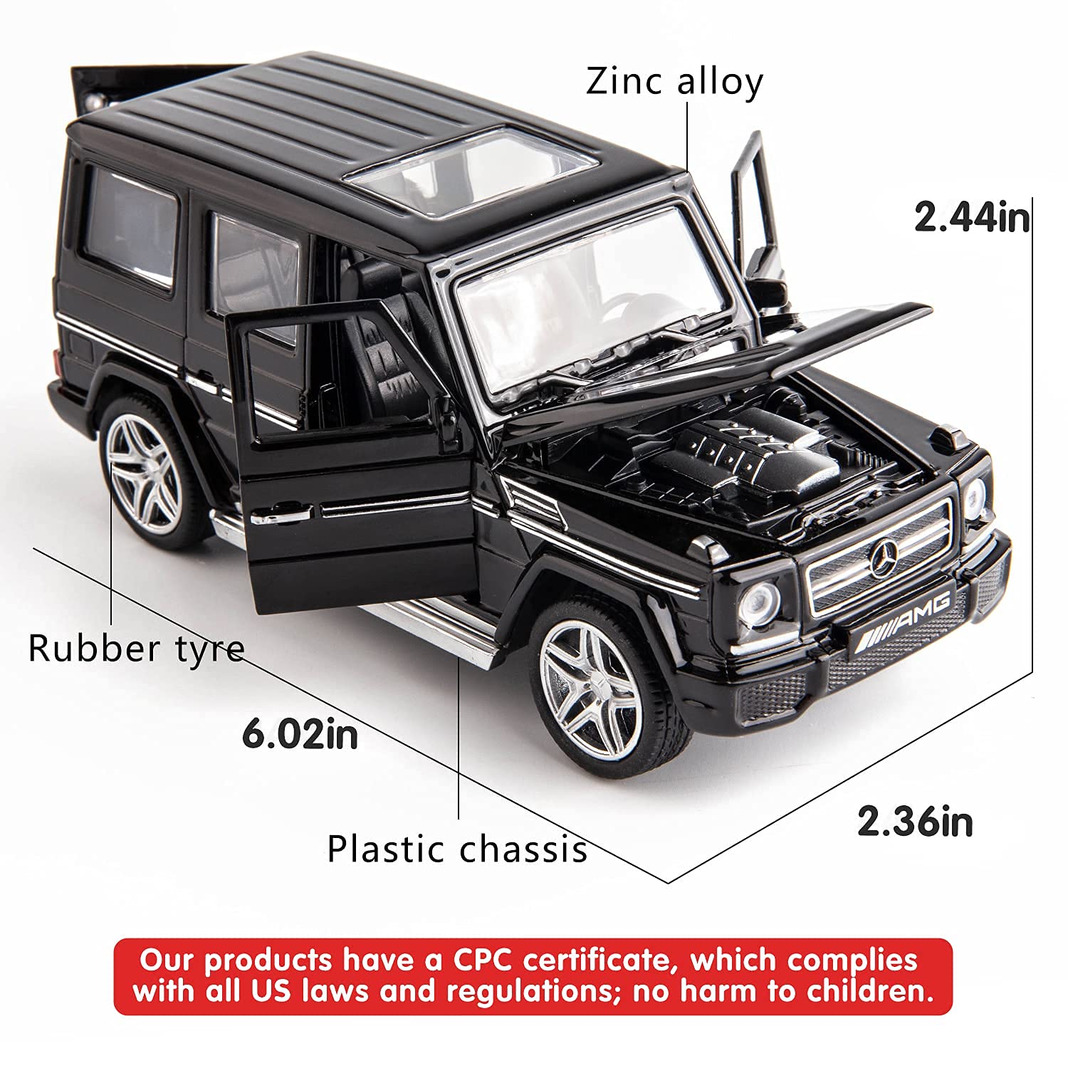 BDTCTK Compatible for 1:32 G65 Model Pull Back Car with Sound and Light for Kids Boy Girl, Metal Body, Door Opened, Black