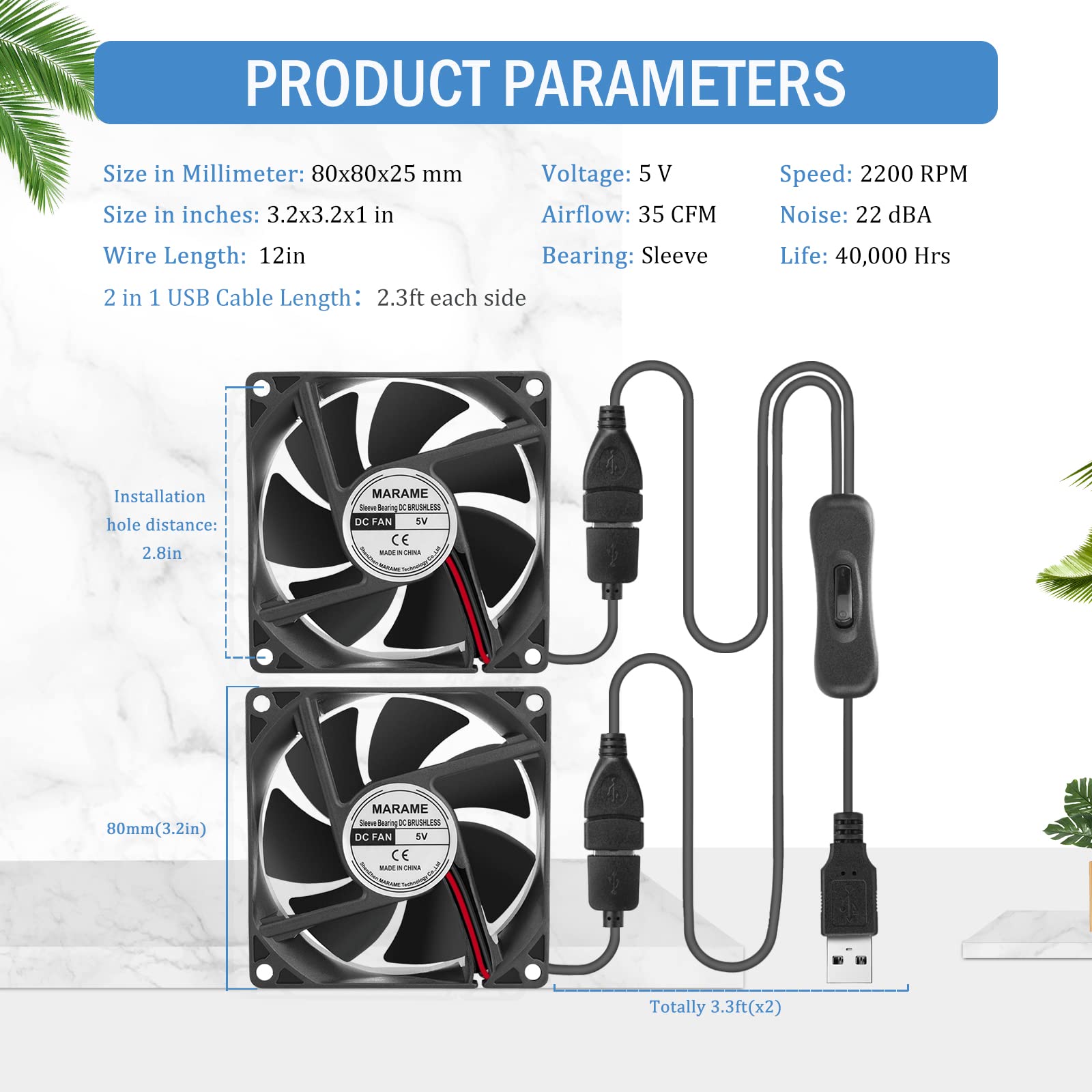 2-Pack 80mm USB Computer Fan with 1 Male to 2 Female USB Extension Cable with ON/Off Switch for Receiver DVR PlayStation Xbox Computer Cabinet Cooling
