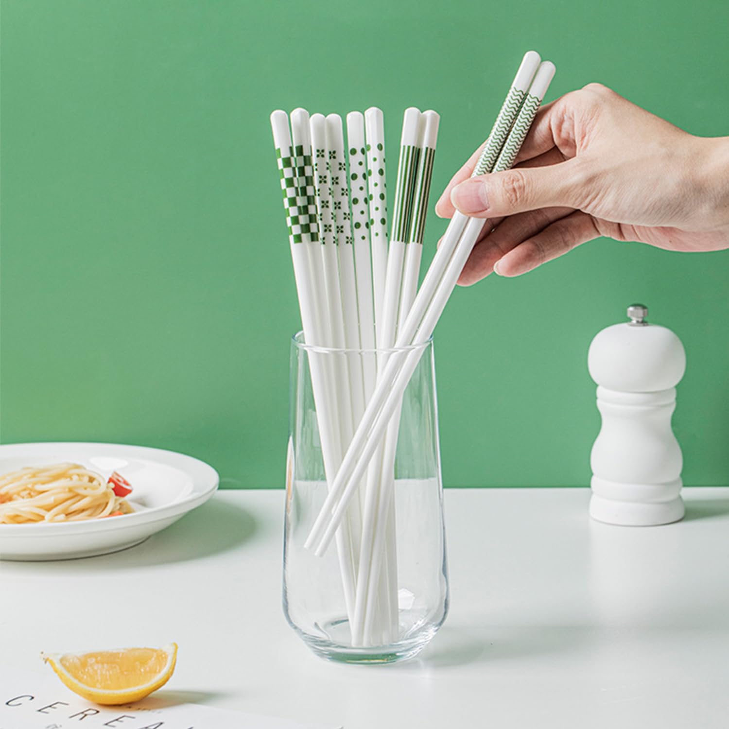 5 Pairs Ceramic Chopsticks, 24.5cm/9.65inch High-grade Bone Porcelain Chinese Chopsticks with Gift Box, Dishwasher Safe Microwave Safe Reusable Chopsticks for Family, Hotel, Hepburn-Green