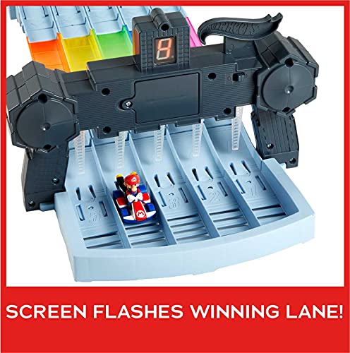 Hot Wheels Mario Kart Rainbow Road Raceway 8-Foot Track Set with Lights & Sounds & 2 1:64 Scale Vehicles, Race with 5-Track Colorful Course with 2 Configurations, Toy Gift for Kids