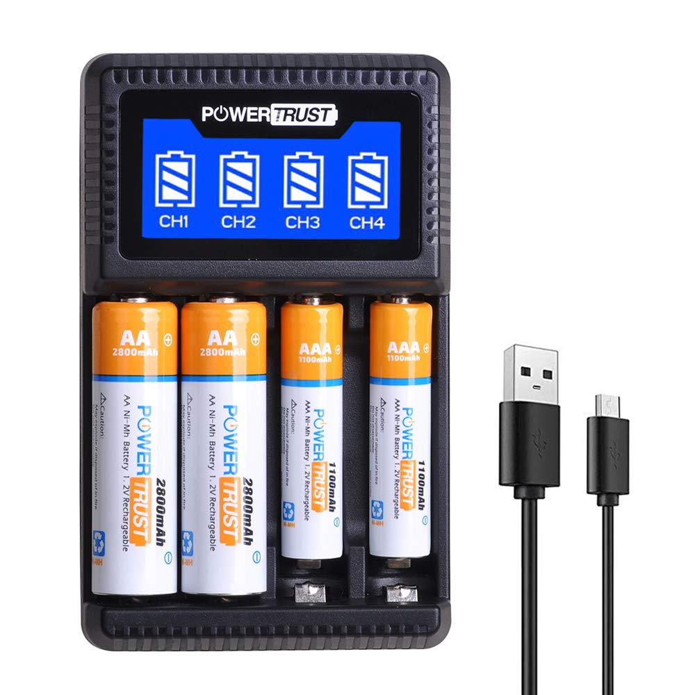 PowerTrust 2800mAh 4Pack AA Rechargeable Batteries and LCD USB Charger for AA AAA Ni-MH Rechargeable Batteries with 4-Slots
