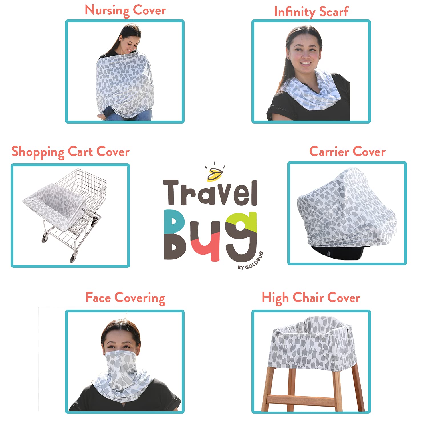 Travel Bug 5-in-1 Nursing Cover and Car Seat Cover for Babies, Scribble