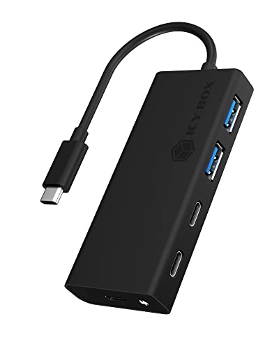 Icy Box USB Hub with USB-C Connector and Power Delivery, USB 3.0, Integrated Cable, Aluminium, PD 60 Watt, Black