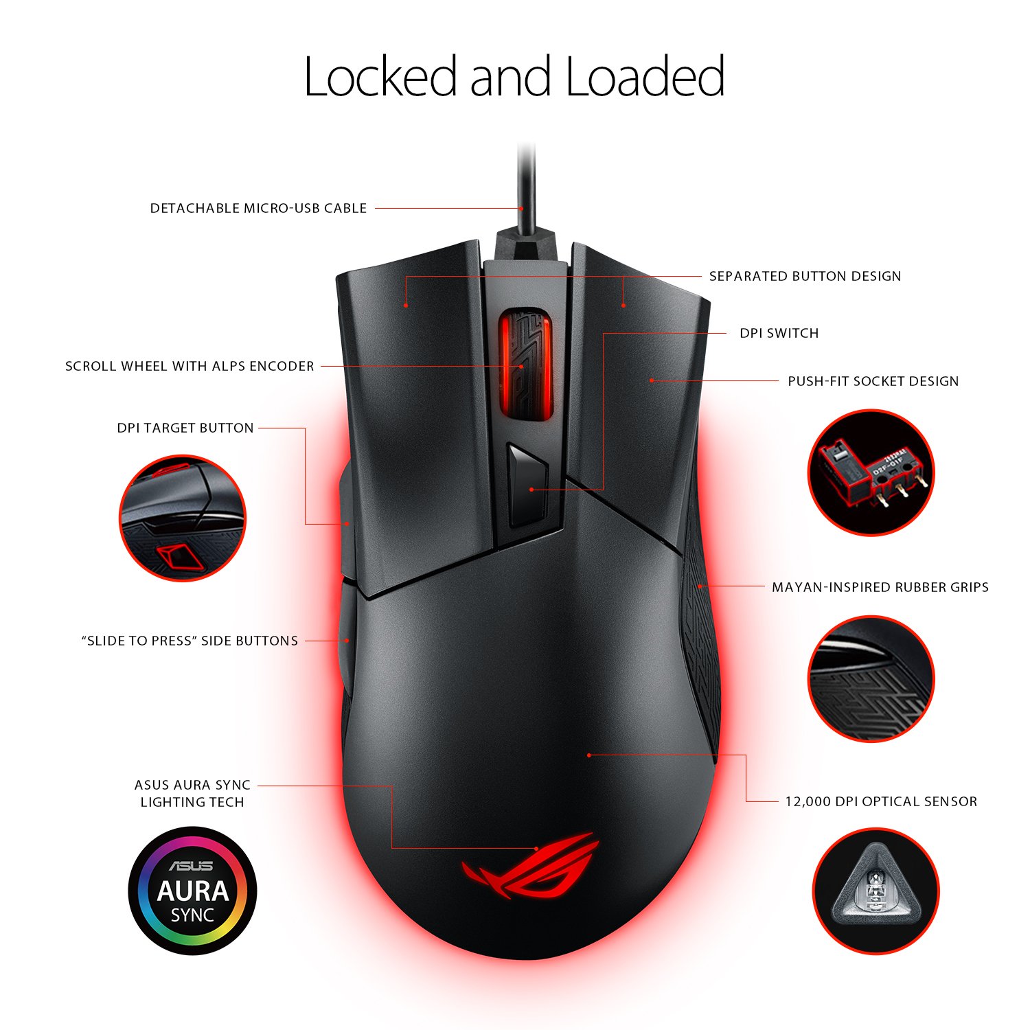 ASUS Optical Gaming Mouse - P502 ROG Gladius II | Ergonomic Right-hand Grip | PC Gaming Mouse for FPS Games | 12000 DPI Optical Sensor | Omron Switches | 6 Buttons | Aura Sync RGB Lighting