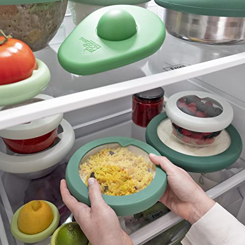 Food Huggers Replacement Lids for Glass Storage Containers Silicone & Glass Lids that Don’t Crack | Fits Round Container Brands & Bowls | 100% Plastic Free | 4 Lid Set (XS,S,M,L), Gradual Green