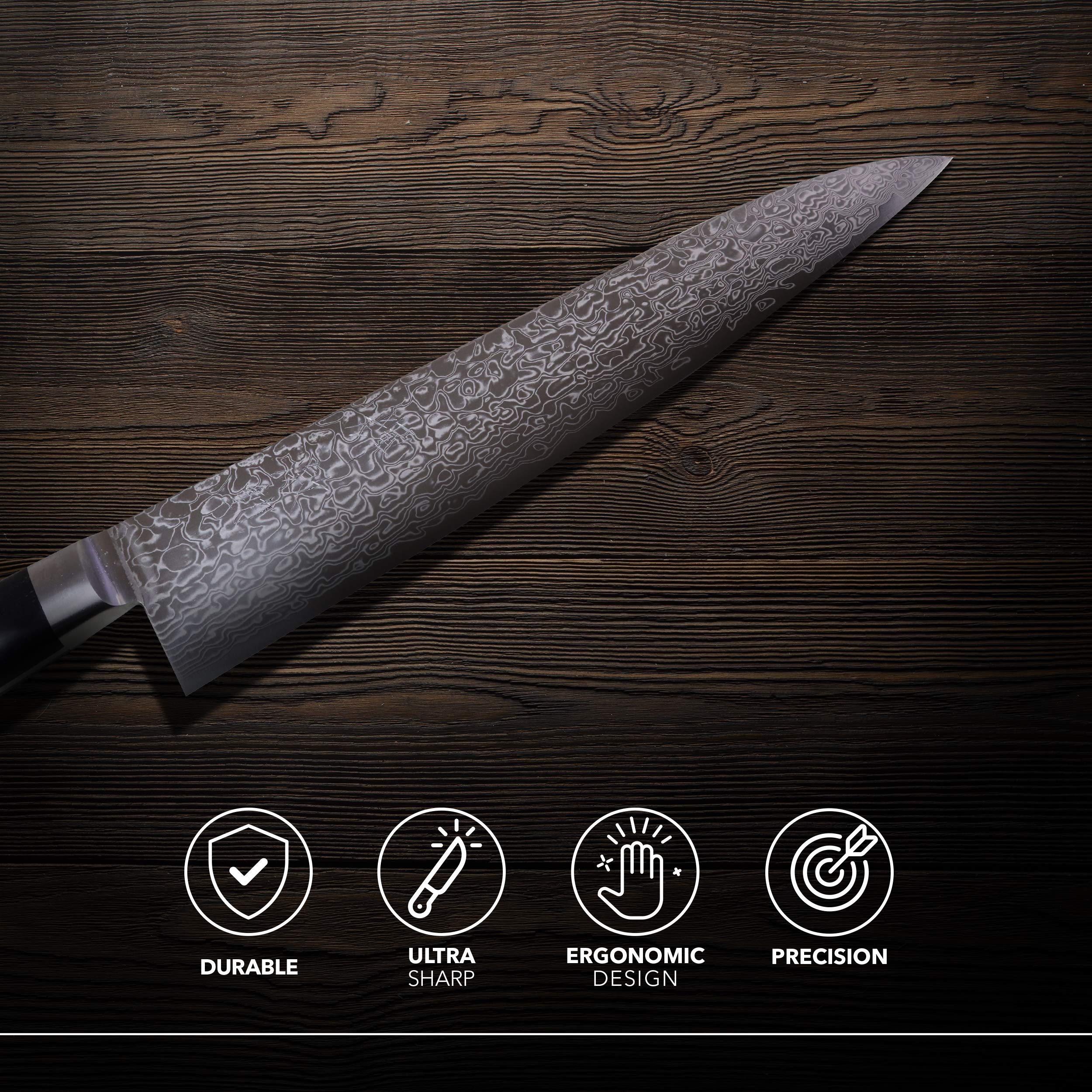 JCK ORIGINAL Kagayaki Japanese Chef’s Knife, KGRP-1 Professional Petty Knife, Polished Patterned Damascus Stainless Steel with Ergonomic Black Pakka Wood Handle, 5.9 inch