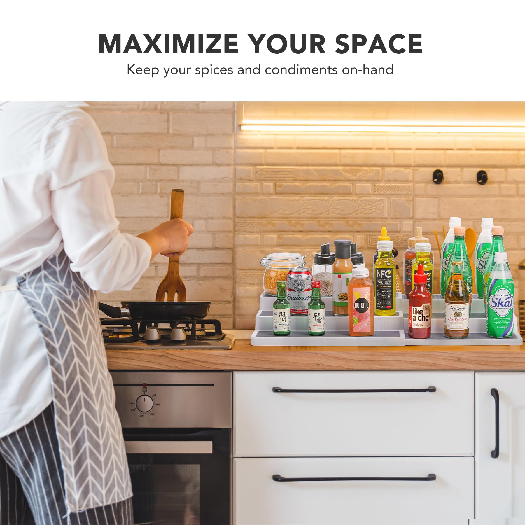 3-Tier Spice Rack, Plastic Spice Rack Organizer for Cabinet, Non-Skid Spice Shelf Organizer for Kitchen Cabinet, Countertop or Pantry, 3 Pack, White/Grey