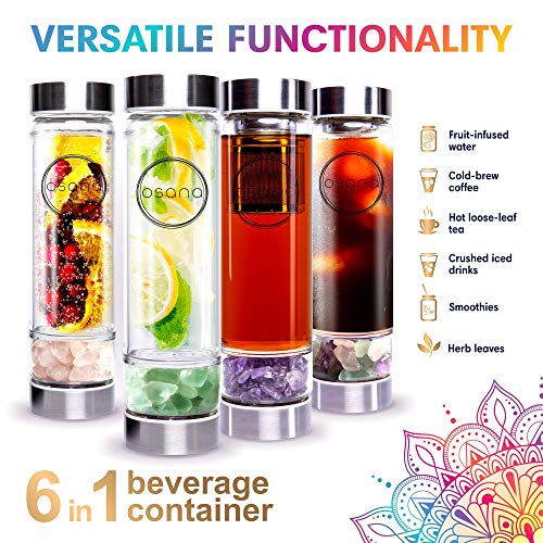 OSANA Crystal Water Bottle with 3 Changeable Healing Crystals β Amethyst, Rose Quartz, Green Fluorite β Loose Leaf Tea Bottle β Gem Elixir Infused Glass Water Bottle - 16.9 oz