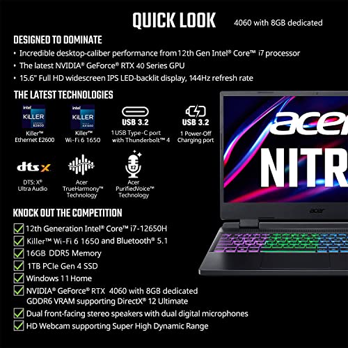 Acer Nitro 5 Gaming Laptop | Intel 12th Gen i7-12650H | NVIDIA GeForce RTX 4060 Laptop GPU | 15.6β FHD 144Hz IPS Display | 16GB DDR5 | 1TB Gen 4 SSD | Killer Wi-Fi 6 | RGB Backlit KB | AN515-58-781P