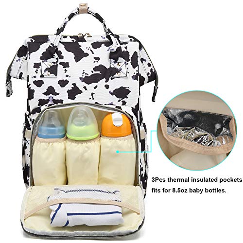 Yusudan 3 in 1 Cow Print Diaper Bag Backpack for Baby Girls Boys, Nappy Bags with Diaper Pad Stroller Straps