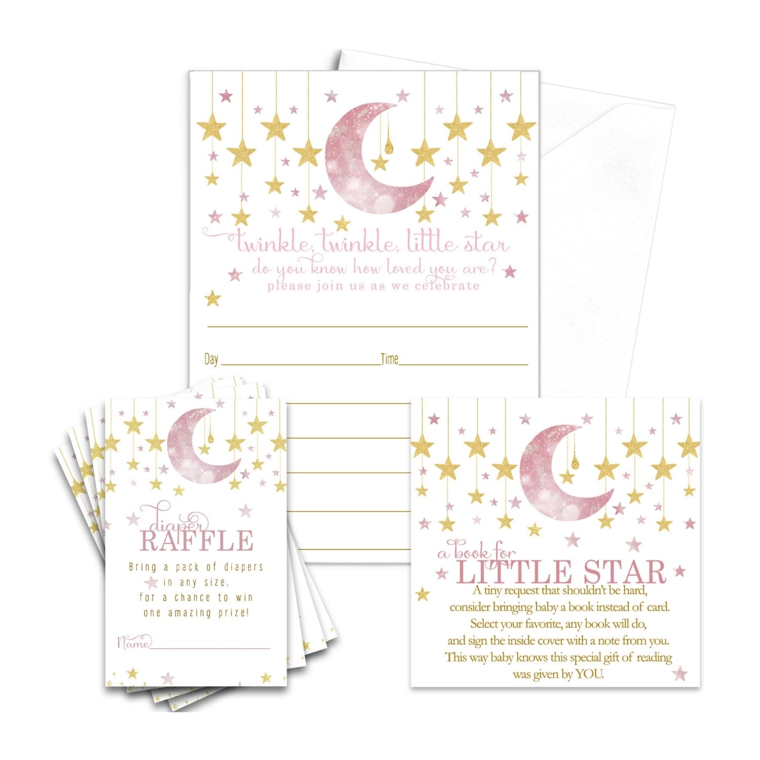 Twinkle Little Star Baby Shower Invitation Bundle Set Includes Blank Girls Invites with Envelopes Diaper Raffle Tickets Bring a Book Insert Cards (25 of Each) Celestial Themed Party Supplies