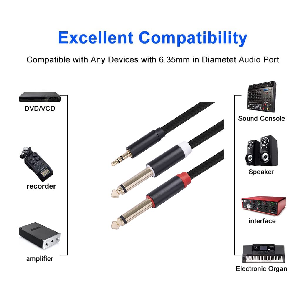 3.5mm 1/8 TRS to Dual 6.35mm 1/4 TS Mono Breakout Cable,(3.3FT) Y Splitter Stereo Cord Adapter Compatible with iPhone, Computer Sound Card, CD Player, Multimedia Speaker, Home Stereo System