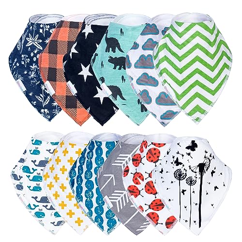 Baby Bandana Bibs 12 Pack - Organic Baby Bibs for Boy and Girls, Soft and Stylish Drool Bibs for Teething and Drooling, Ultra Absorbent Bibs for baby boy