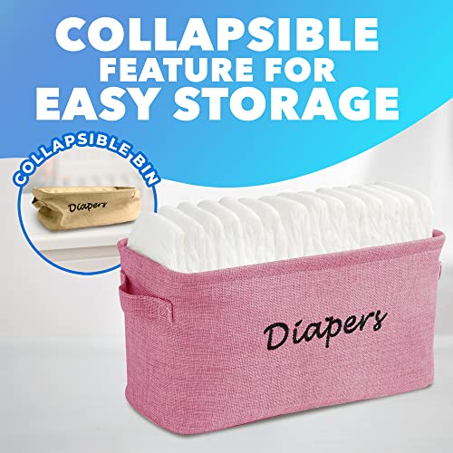 Dejaroo - Baskets for Organizing Diapers and Newborn Essentials, Baby Diaper Caddy Organizer, Embroidered Baby Shower Gifts for Moms, Linen Basket with Handle, 12 x 6 x 6 Inches, Pink