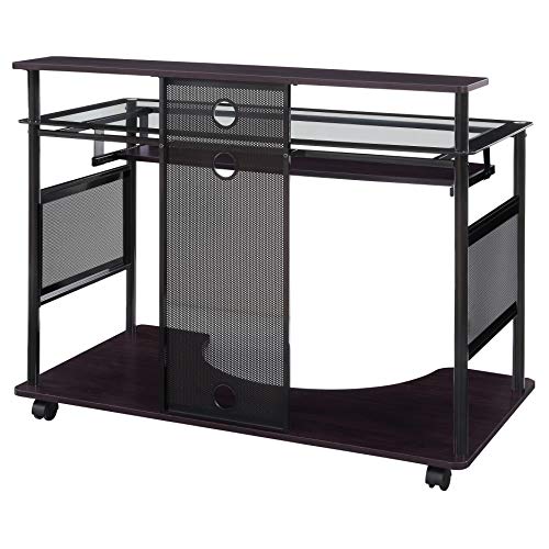 OSP Home Furnishings Vision Glass Multi-Media Home Office Rolling Desk, Black
