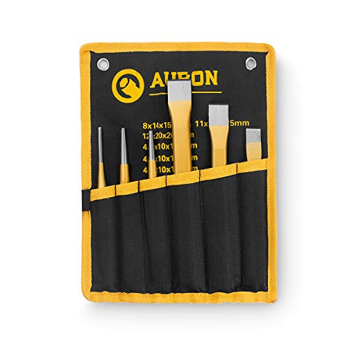 Acrux7 6 Pcs Cold Chisel Set - Flat Chisel, Center Chisel, Cylindrical Chisel, with Canvas Bag, Cone Chisel for Brickwork, Concrete, Metal, Stone