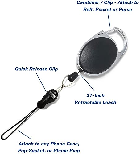 Phone Assured Phone Tether - 31" Safety Anti Theft Retractable Phone Clip - Anti-Drop Travel Clip - Black Smartphone Clip for Pants or Purse - Universal Connection Fits Any Smartphone Case (1 Pack)