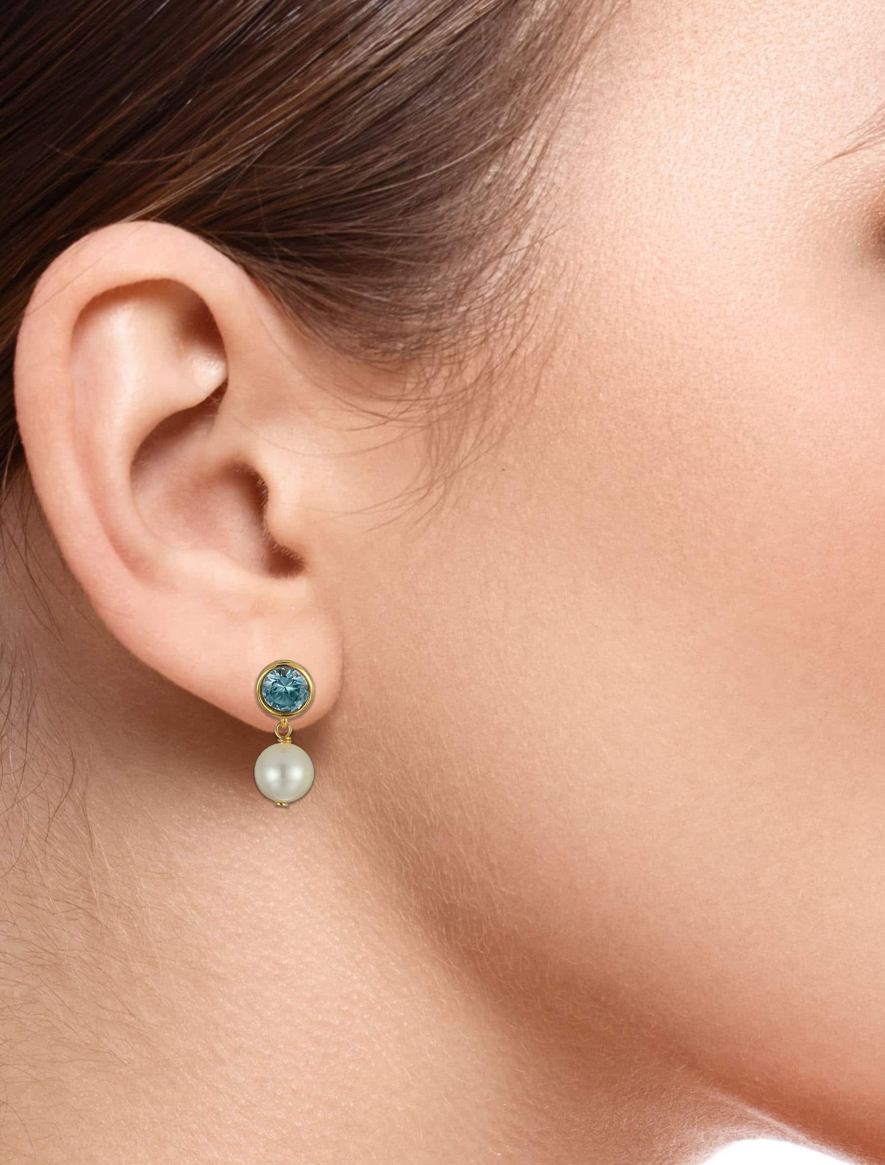 18k Gold Plated Sterling Silver Created Aquamarine and Freshwater Cultured Pearl Drop Stud Birthstone Earrings