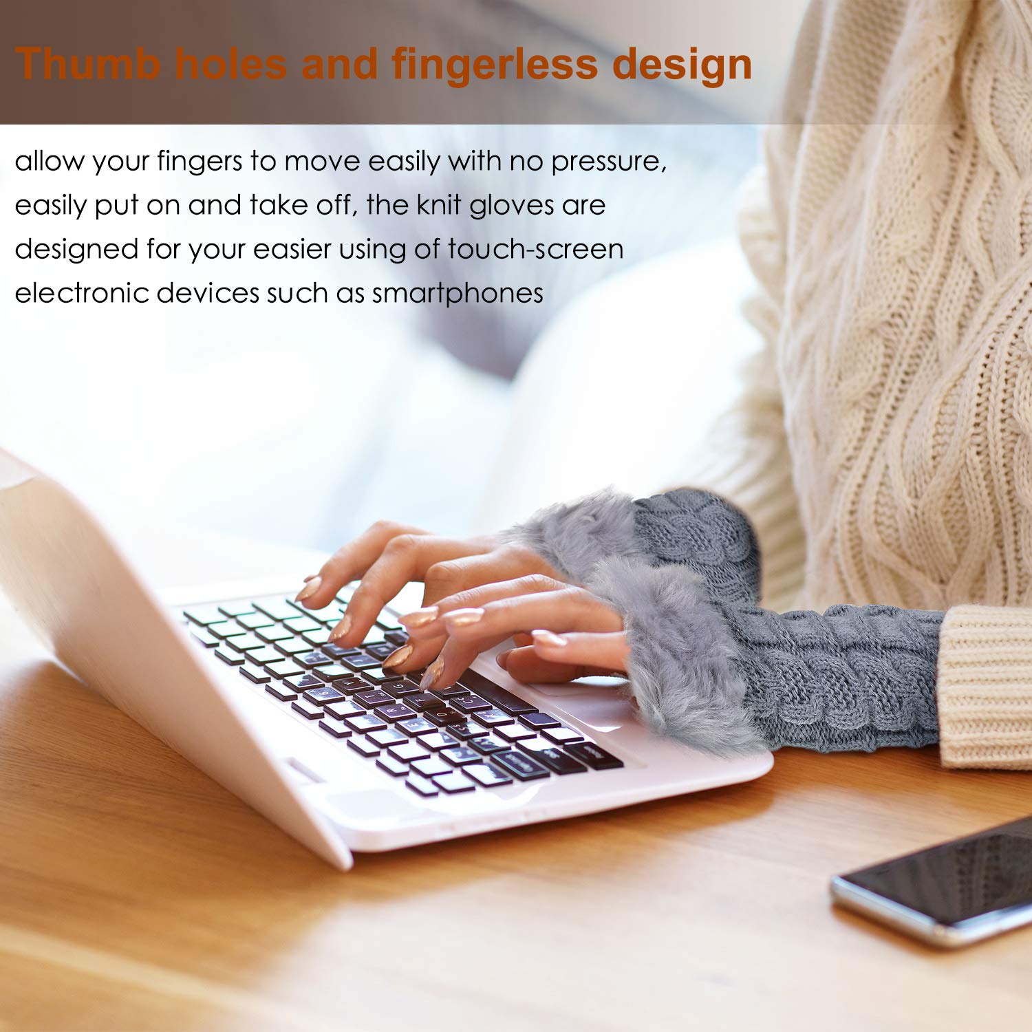 3 Pairs Fingerless Winter Gloves Faux Fur Crochet Warm Middle Length Thumb Hole Fingerless Gloves Arm Warmers (Black, White, Grey)